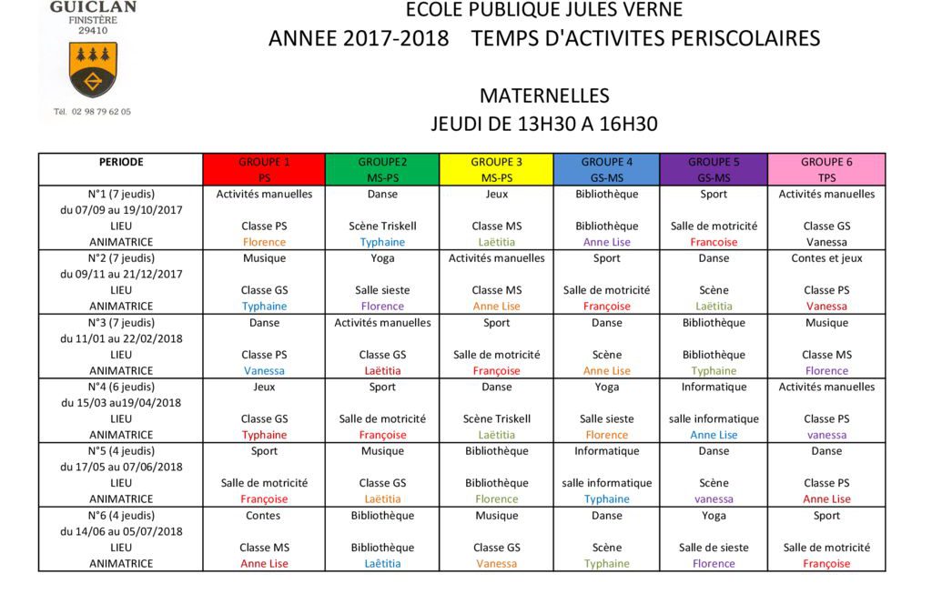 2017-2018 PLANNING ORGANISATION ACTIVITES MATERNELLES - Commune de Guiclan 2017-2018 PLANNING ORGANISATION ACTIVITES MATERNELLES - Commune de Guiclan